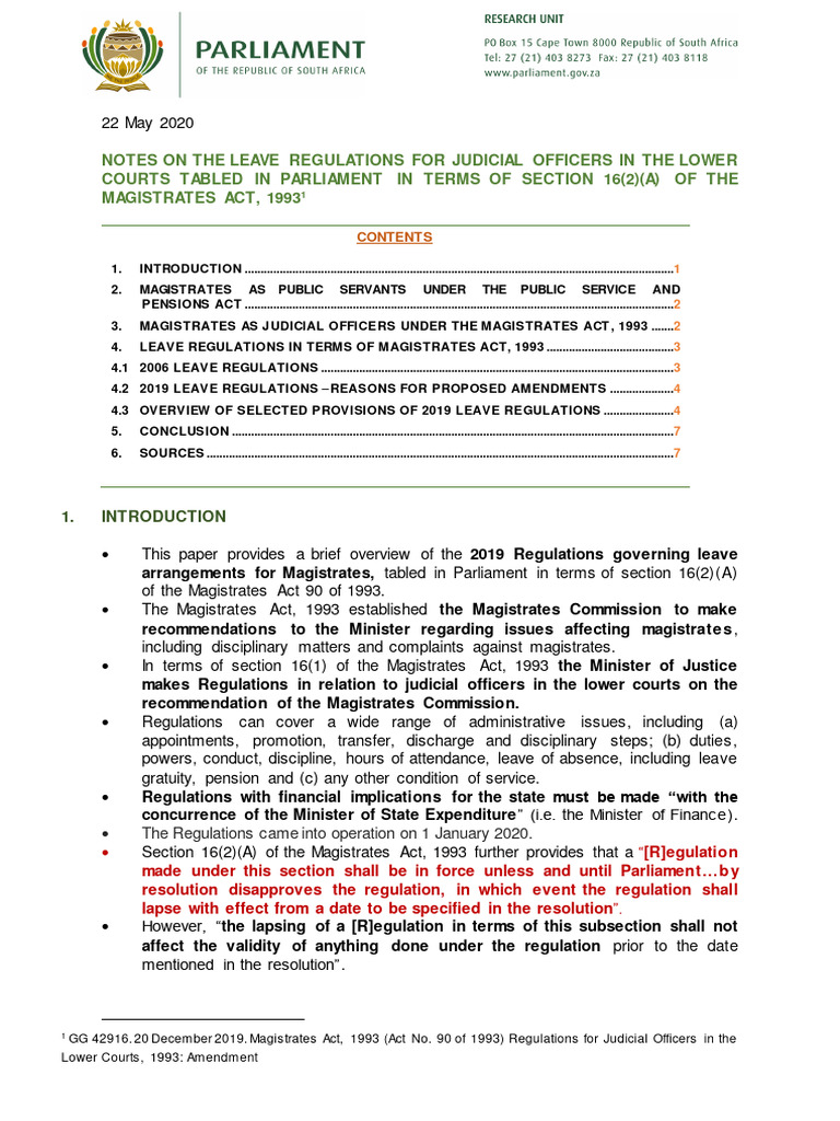 Notes On The Regulations For Judicial Officers Referred To Parliament ...