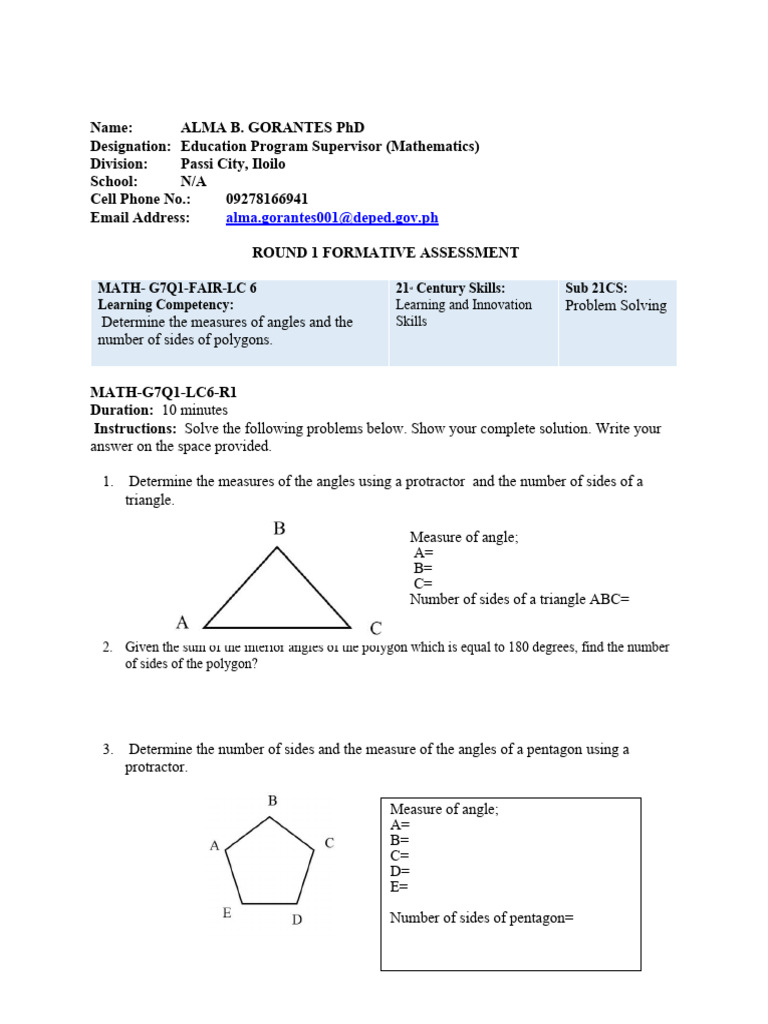 G7 Math Assessment: Angles & Polygons | PDF | Triangle | Polygon