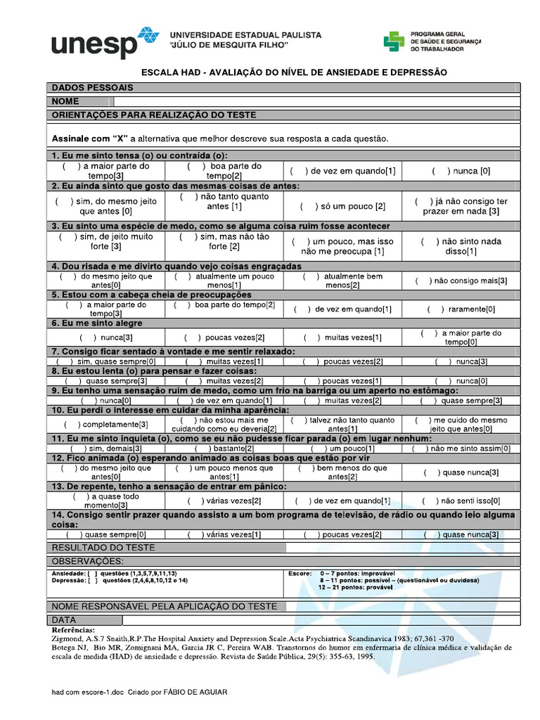 Escala de HADS - ansiedade | PDF