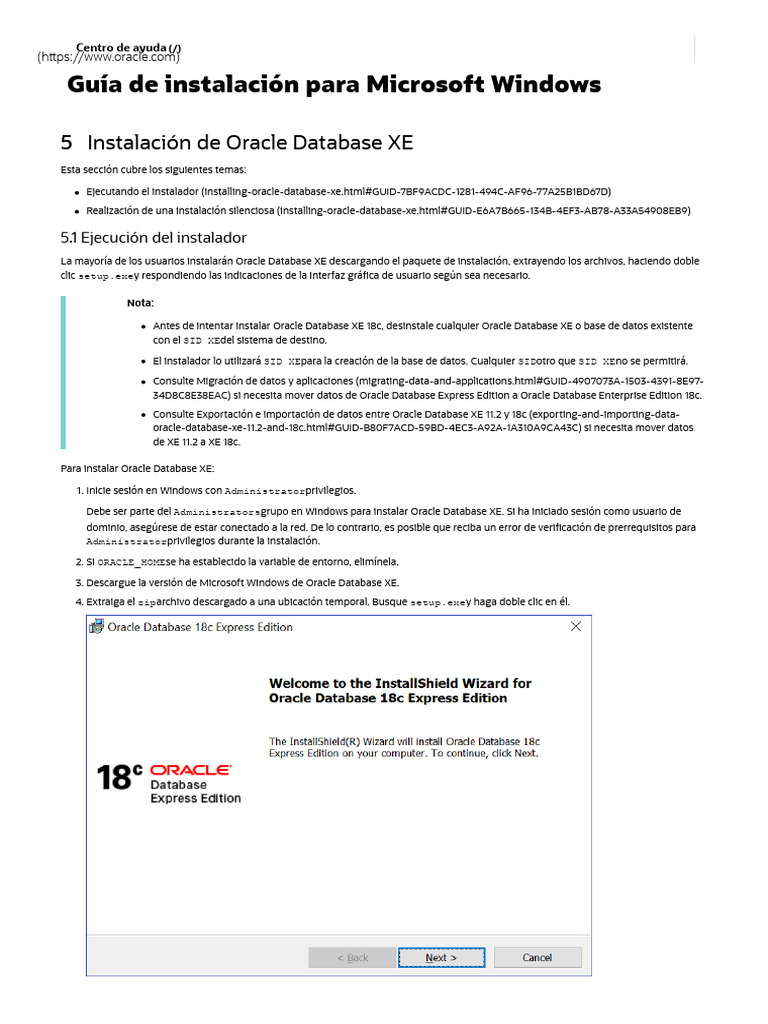 Instalacion de Oracle Database 18c XE | PDF | Bases de datos | Archivo de computadora