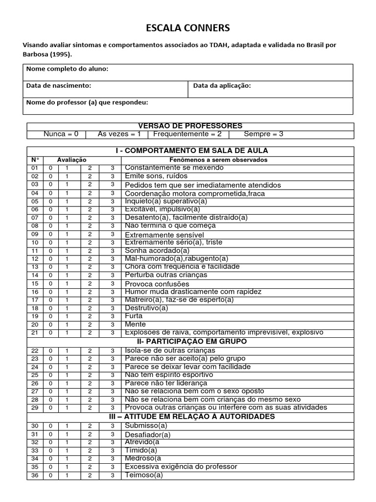 ESCALA+CONNERS+PROFESSOR - Aplicação | PDF