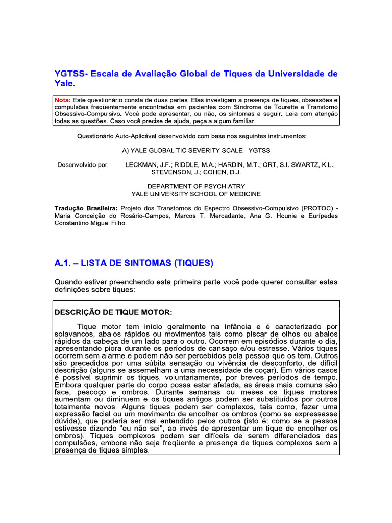 YGTSS- Escala de Avaliação Global de Tiques - sindrome de Tourrete | PDF