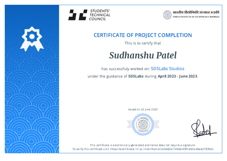 Project Completion Certificate for Sudhanshu Patel | PDF