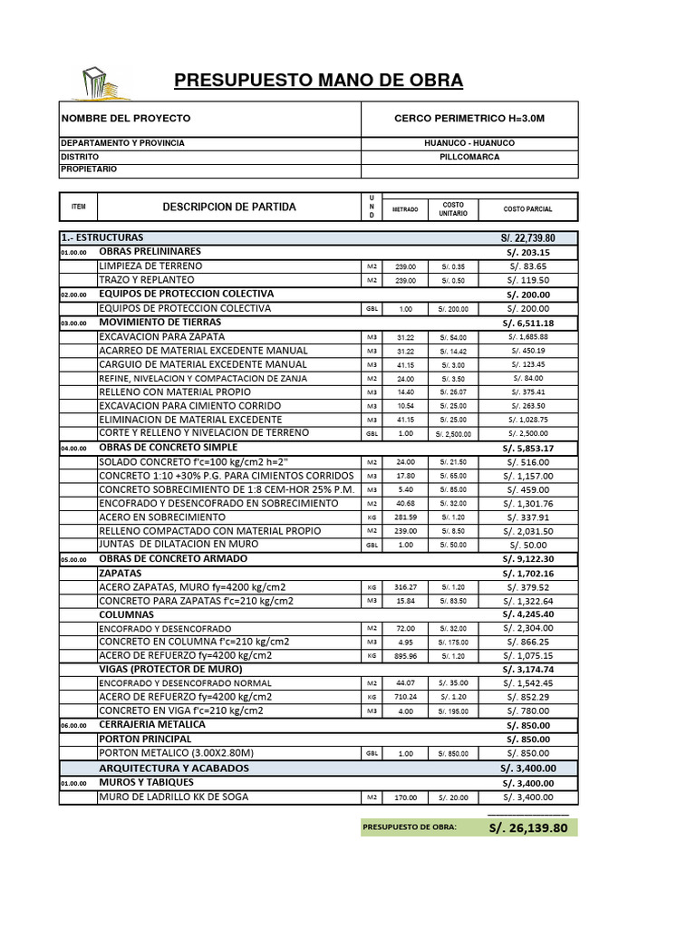 Presupuesto de Cerco Perimetrico | PDF | edificio | Edificios y estructuras