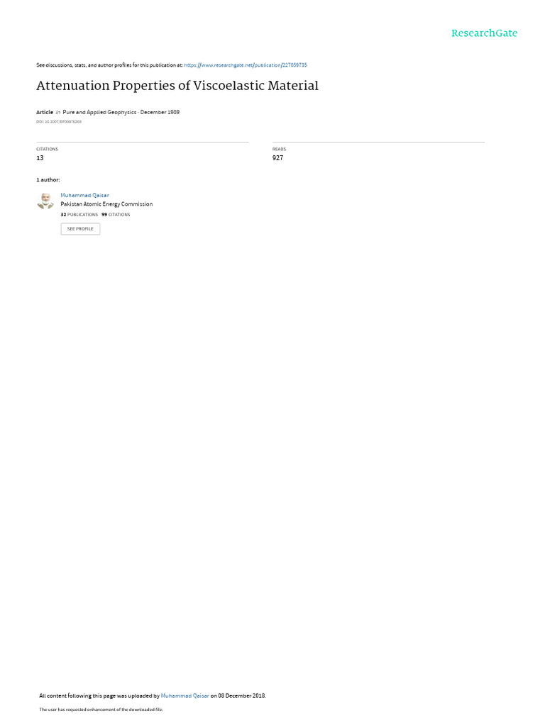 Attenuation Properties of Viscoelastic Material: Pure and Applied Geophysics December 1989 | PDF ...