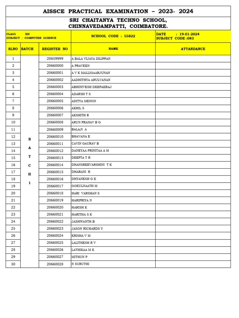 AISSCE Computer Science Attendance 2024 | PDF