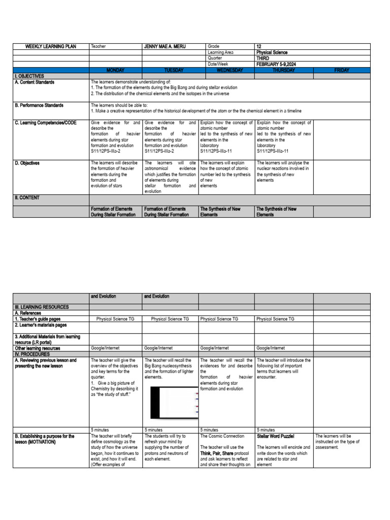 Grade 12 Physical Science Weekly Plan | PDF | Chemical Elements ...