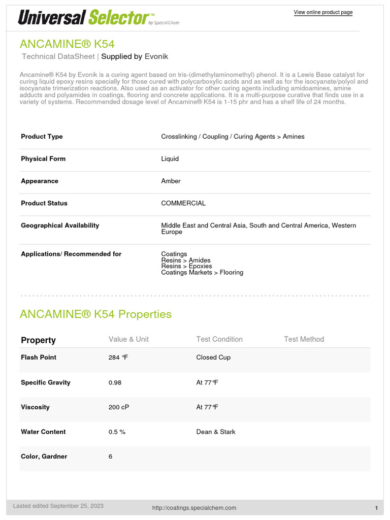 ANCAMINE® K54 - Evonik | PDF | Epoxy | Chemical Substances