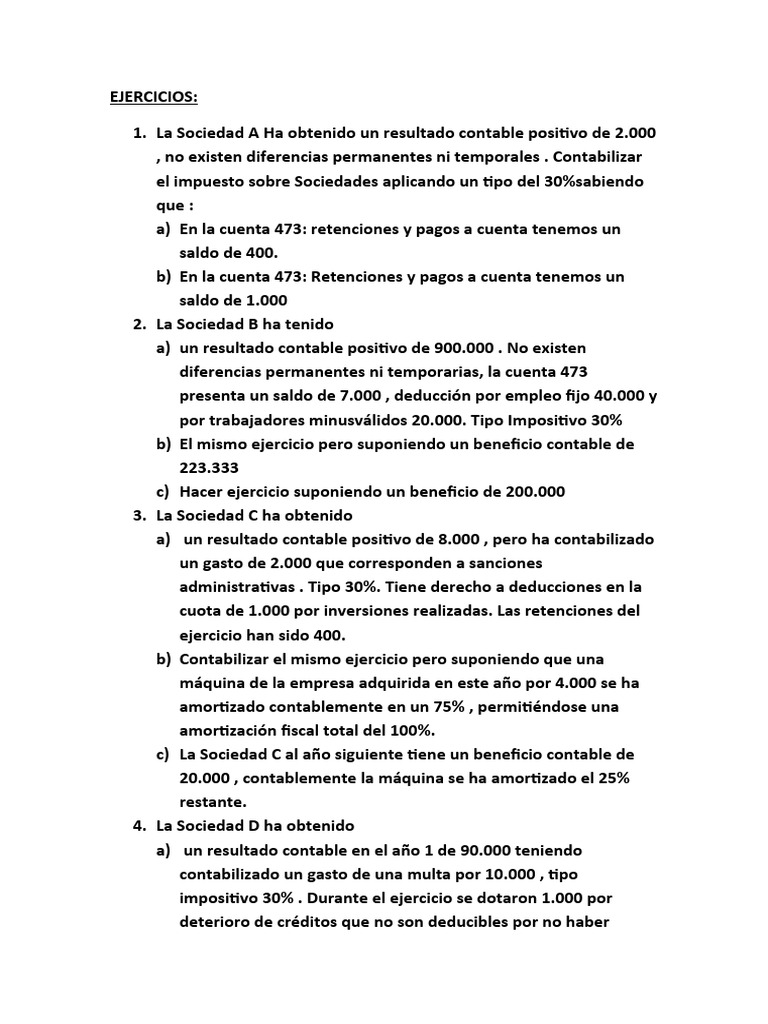 Ejercicios Impuesto de Sociedades | PDF | Contabilidad | Impuestos