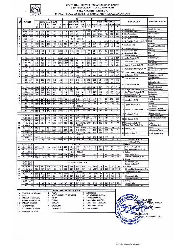 Jadwal Pelajaran Ganjil 2023-2024 | PDF