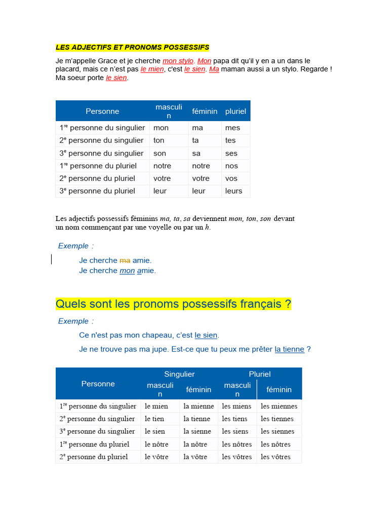 Adjectifs et pronoms possessifs en français | PDF | Nombre grammatical ...