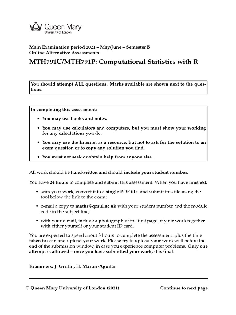 QMUL May/June 2021 Exam Guidelines | PDF | Mann–Whitney U Test ...