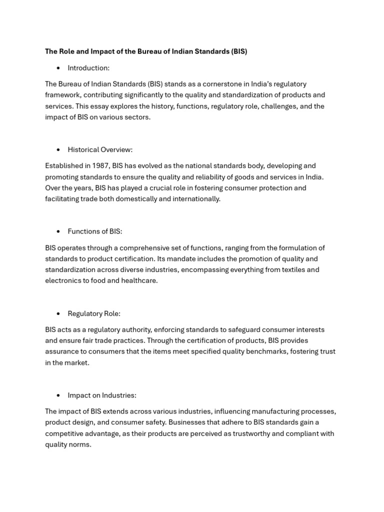 The Role and Impact of The Bureau of Indian Standards (BIS) | PDF ...