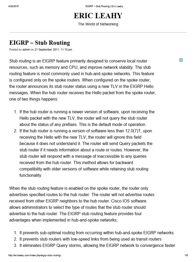 Eigrp Stub Routing Pdf Router Computing Routing 5749