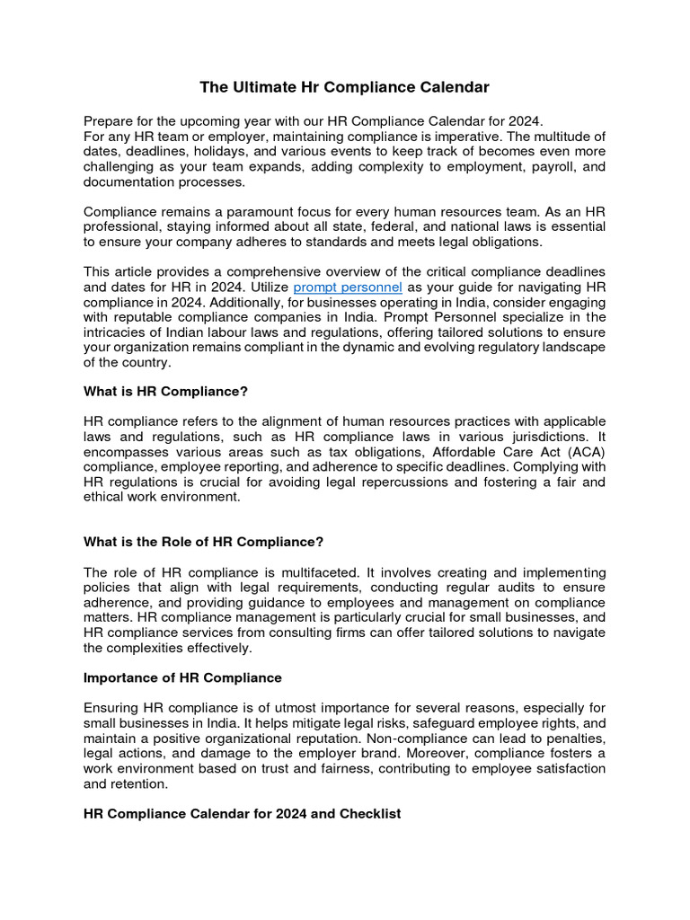 The Ultimate HR Compliance Calendar For 2024 | PDF | Regulatory ...
