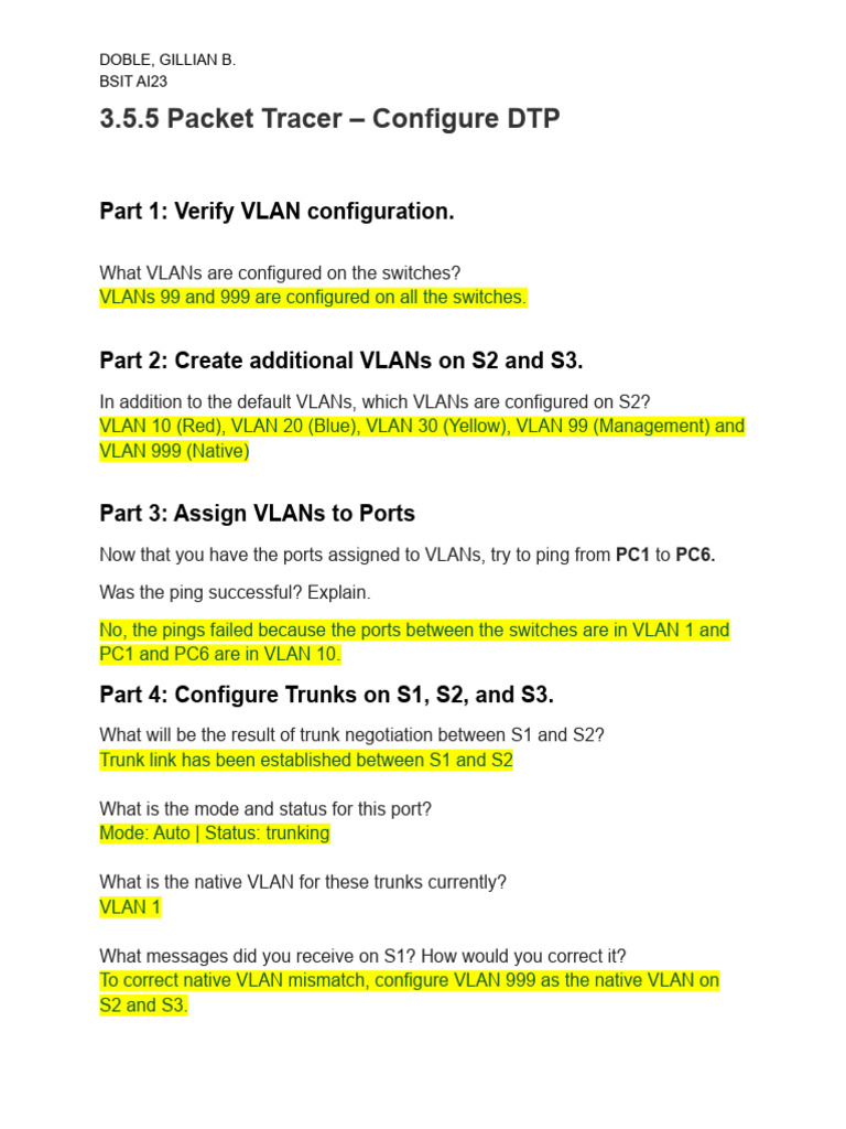3.5.5 Packet Tracer - Configure DTP | PDF