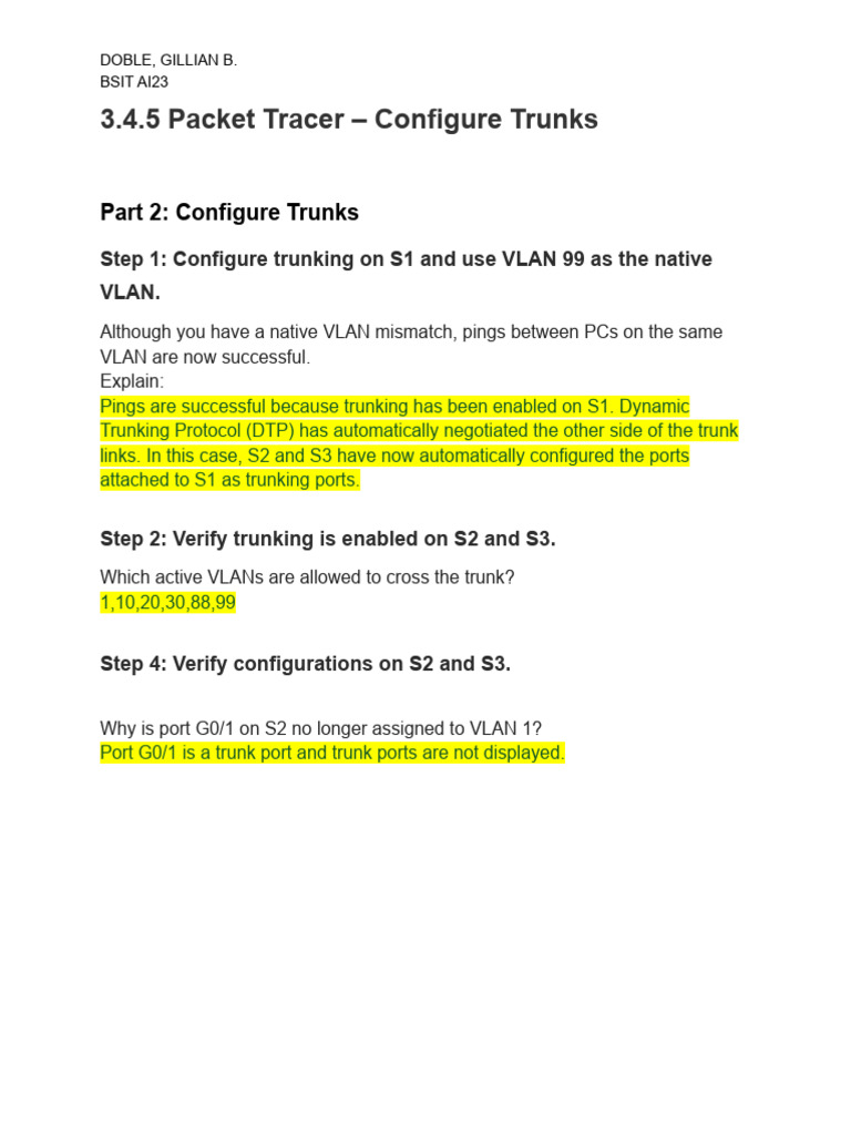 Configure Trunks in Packet Tracer 3.4.5 | PDF