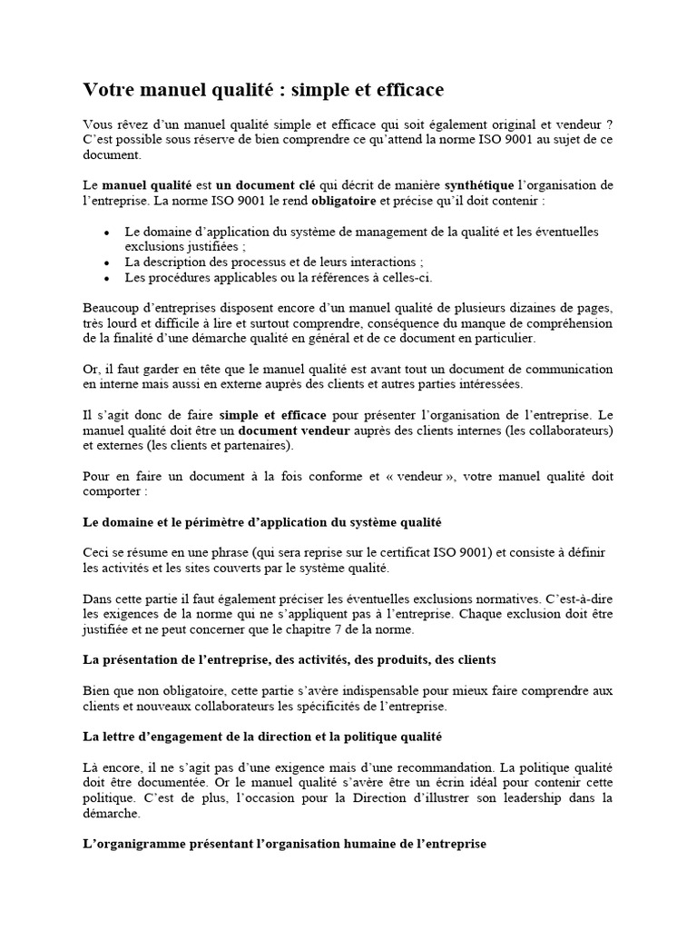 Manuel qualité ISO 9001 simplifié | PDF | Management de la qualité ...