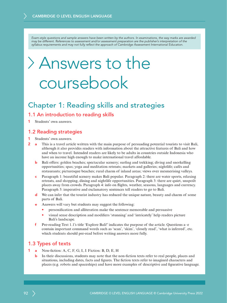 O Level English Green Book - Answers | PDF | Non Fiction | Narrative