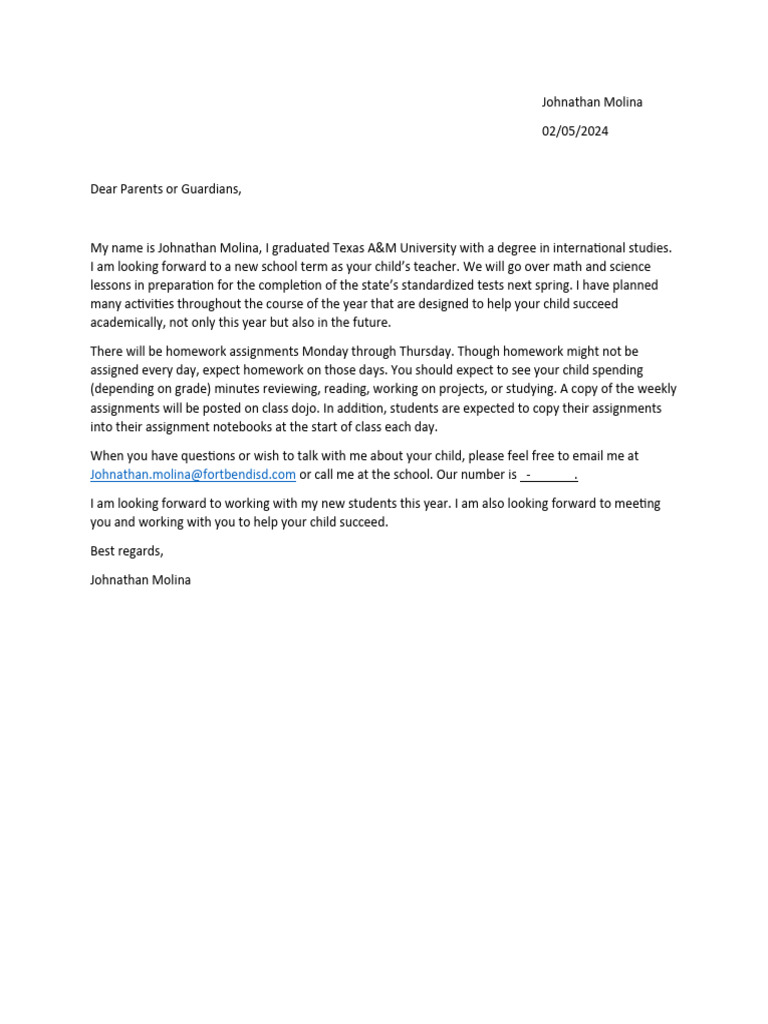 Intro Letter To Parents Teachworthy | PDF