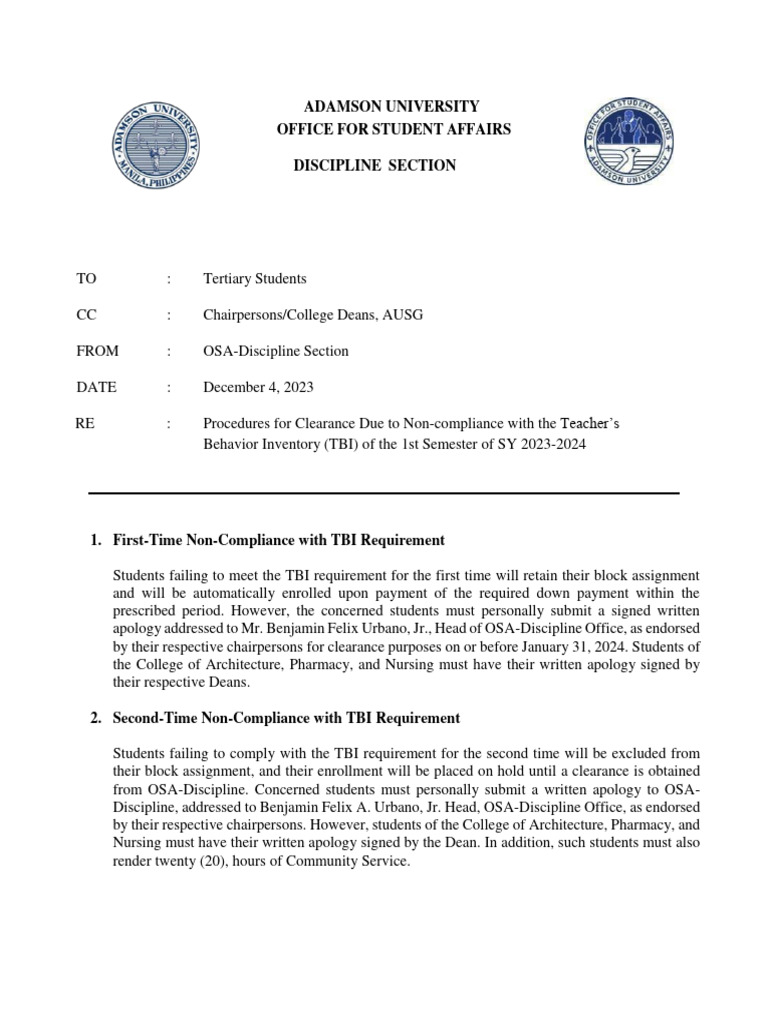 TBI Memo 1st Semester 2023 To 2024 Final | PDF | Justice | Crime & Violence