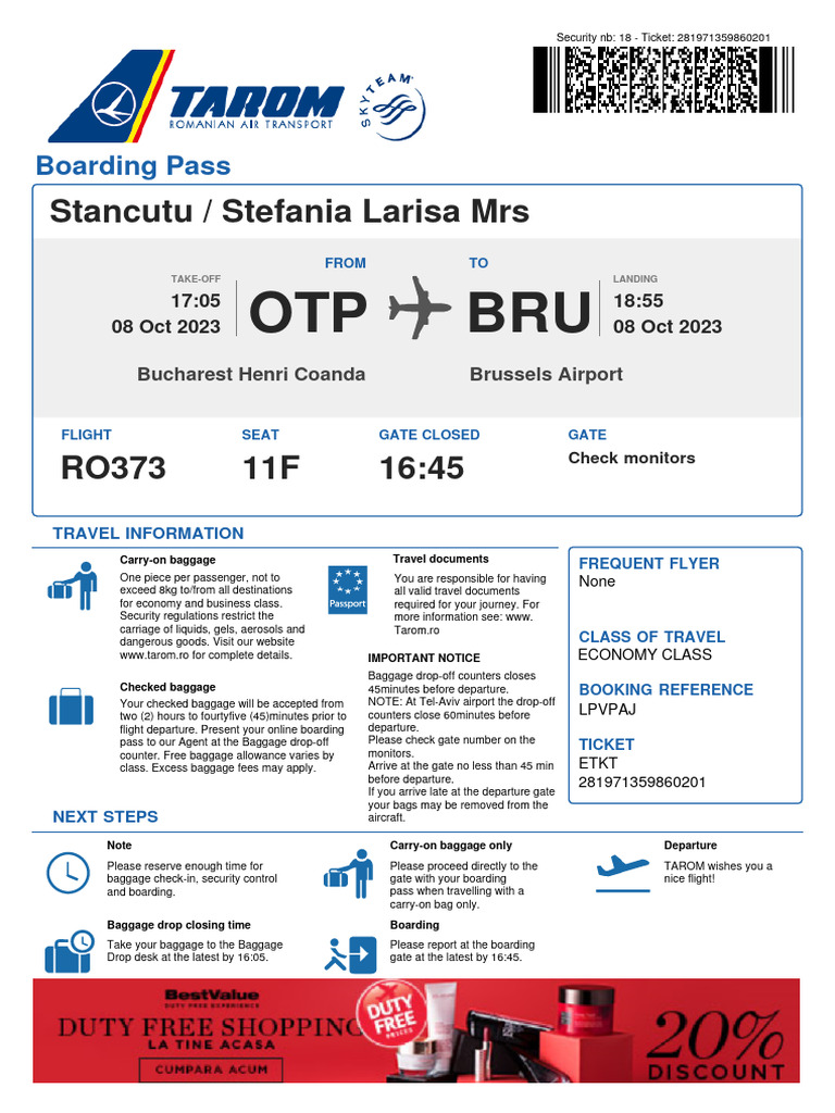 Your Boarding Pass To Brussels - TAROM | PDF | Baggage | Civil Aviation