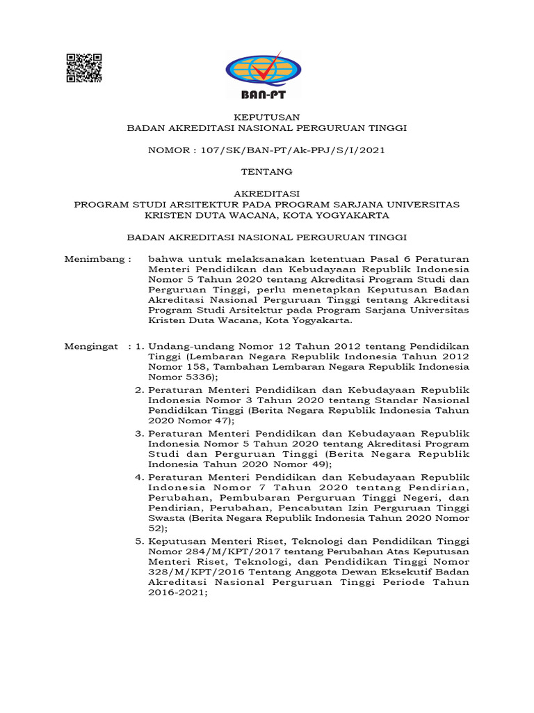 Akreditasi Arsitektur UKDW 2021-2025 | PDF