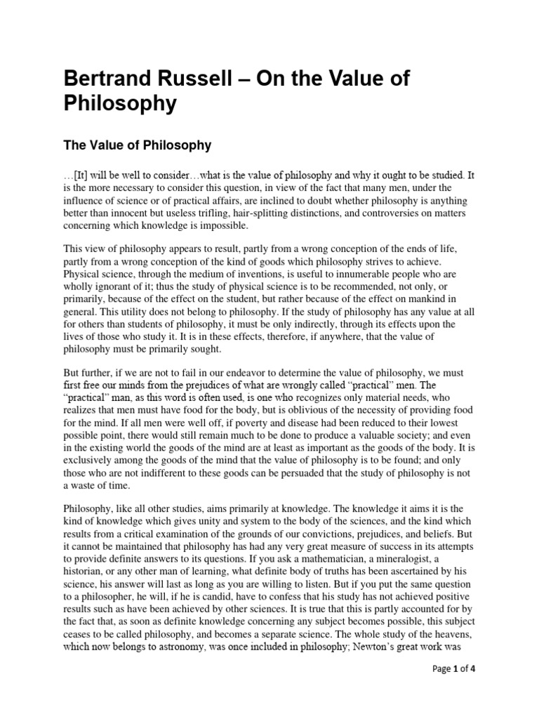 The Value of Philosophy by Bertrand Russell | PDF | Philosophy Of Self ...