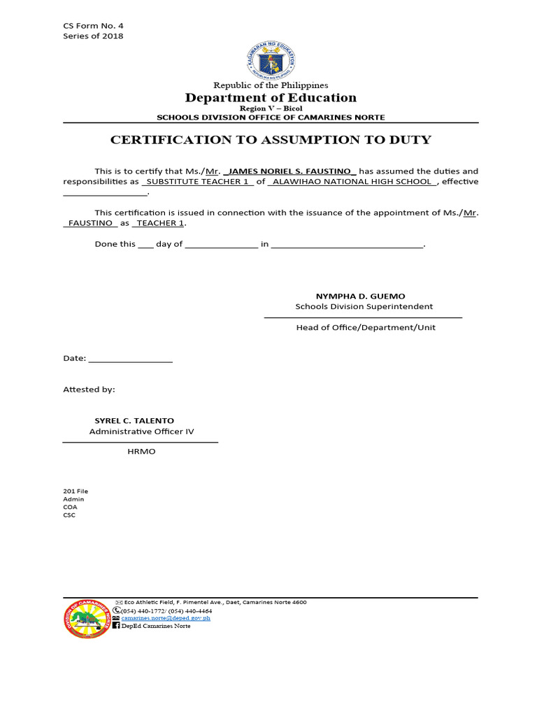 CS Form No. 4 Assumption To Duty | PDF