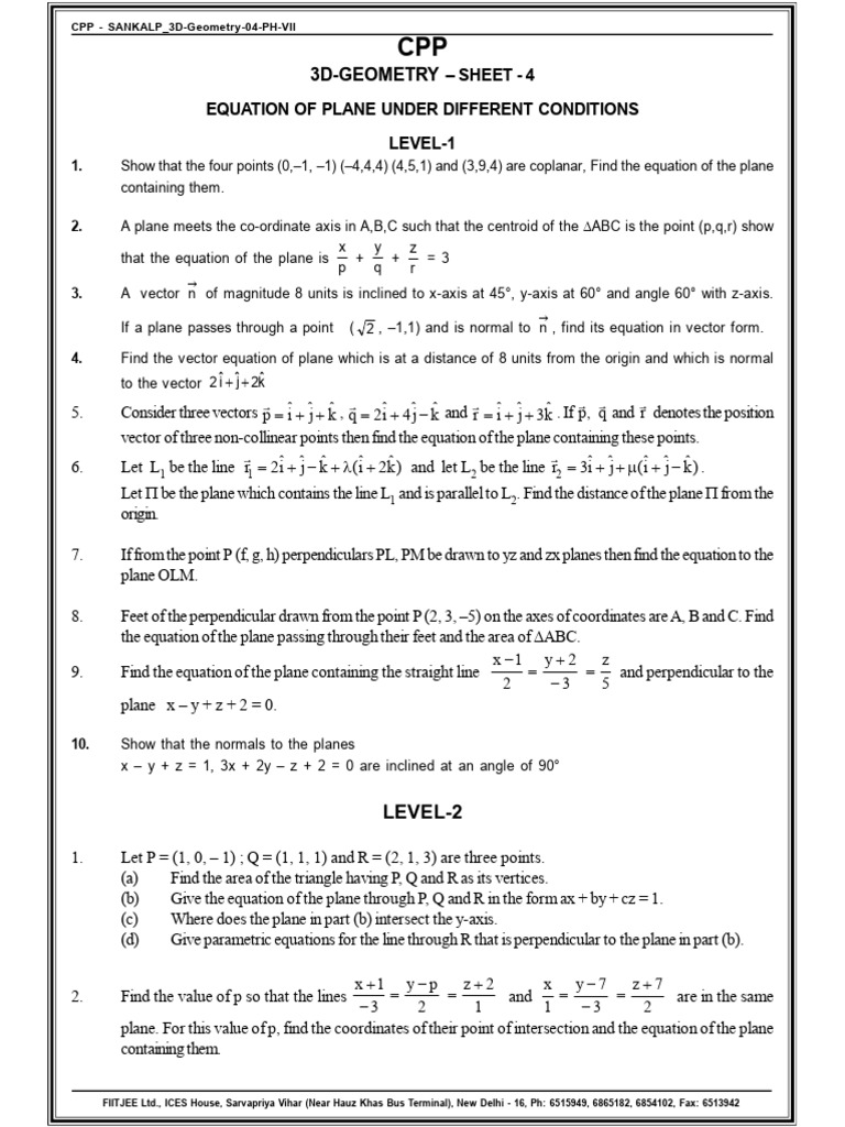 Sheet - 4 Equation of Plane Under Different Conditions Level-1 | PDF ...