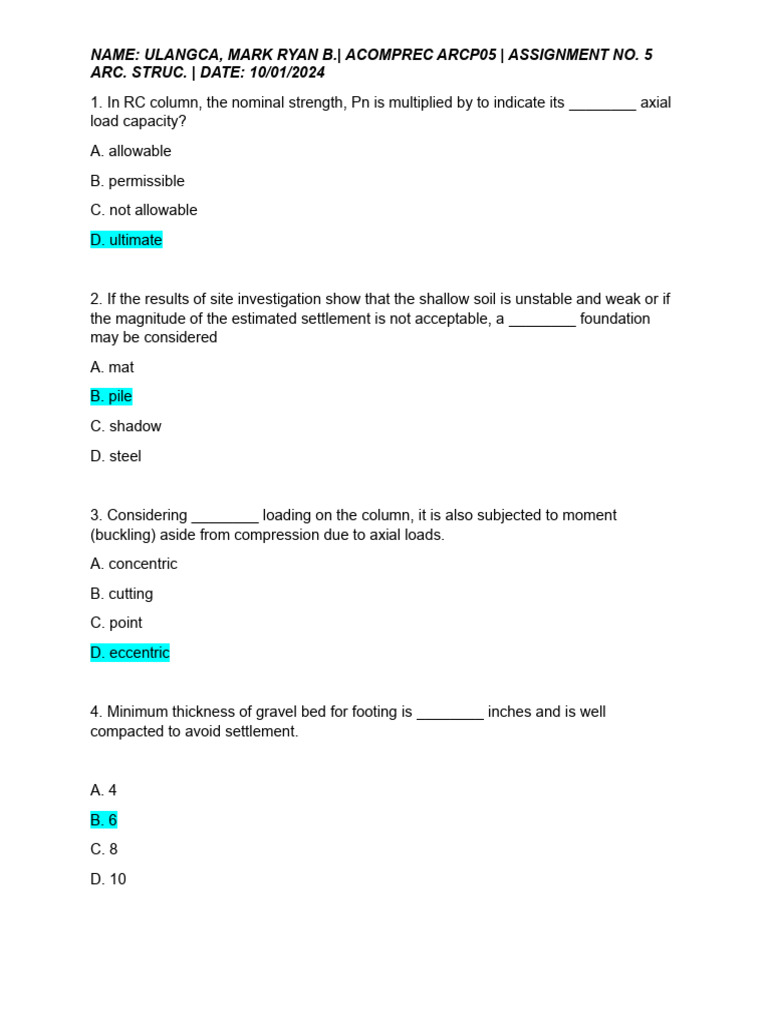 Ulangca - Arc. Struc. - Assignment 5 - Acomprec | PDF | Deep Foundation | Foundation (Engineering)