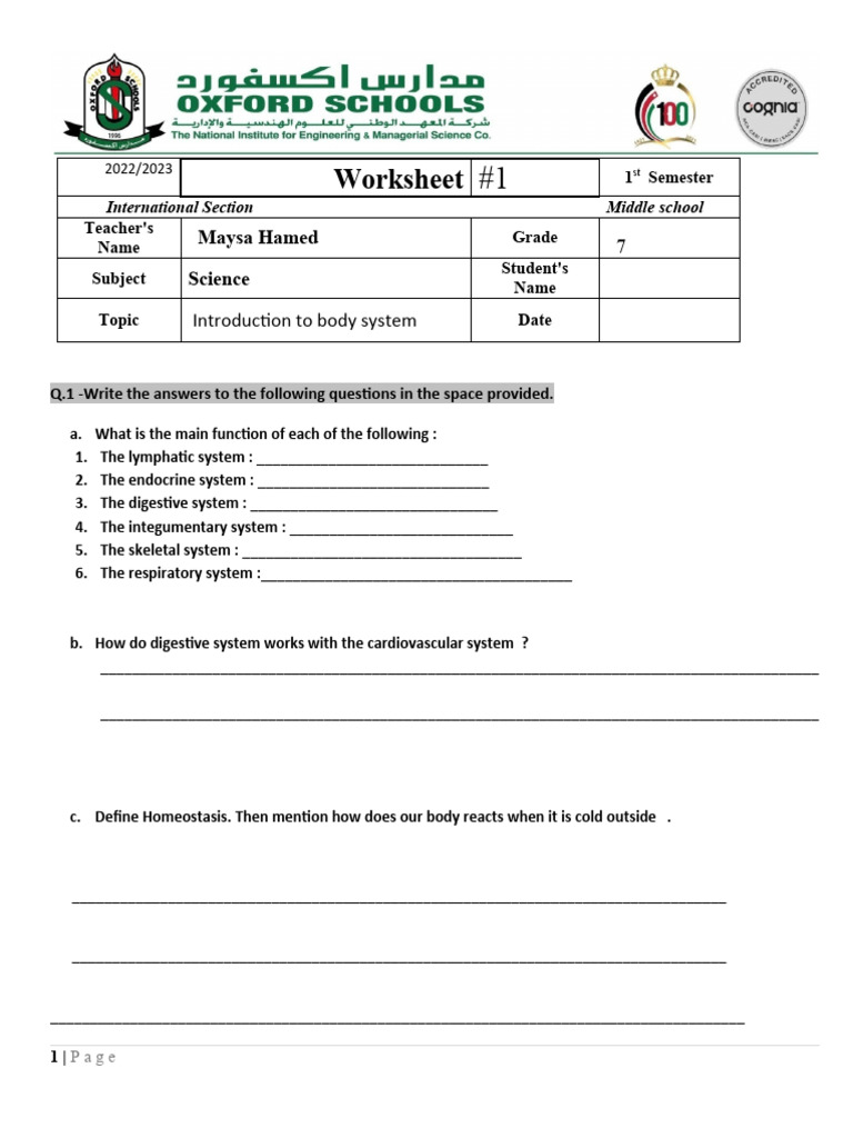 Worksheet # 1 Science Grade 7 | PDF | Morphology (Biology) | Animal Physiology