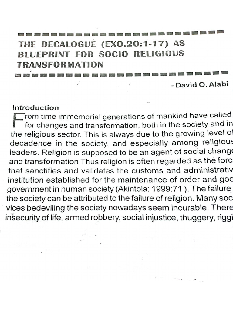 The Decalogue (Exo 20: 1-17) as Blueprint for Socio-religious Transformation | PDF