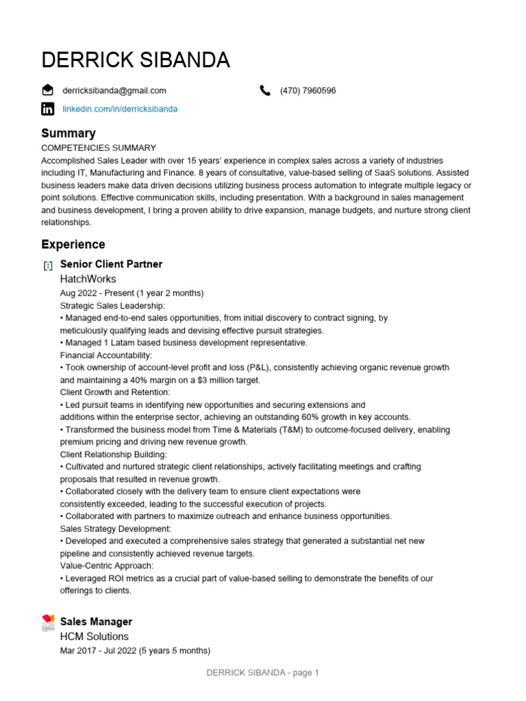 Client Partner - Derrick - Sibanda Resume. | PDF | Sales | Negotiation