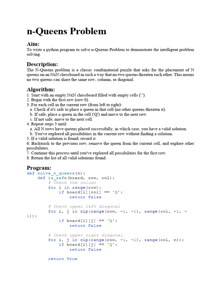 01n Queens Problem Pdf Computer Science Theoretical Computer Science 