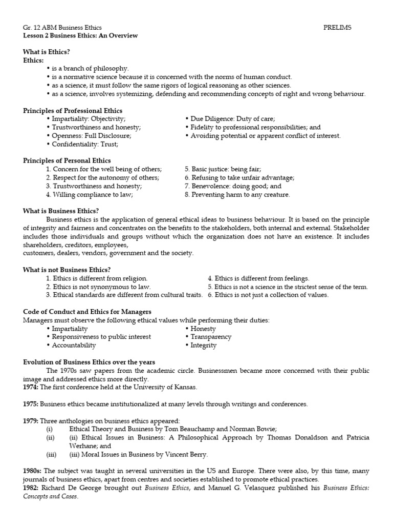 Lesson 2 NOTES Business Ethics An Overview | PDF | Business Ethics ...