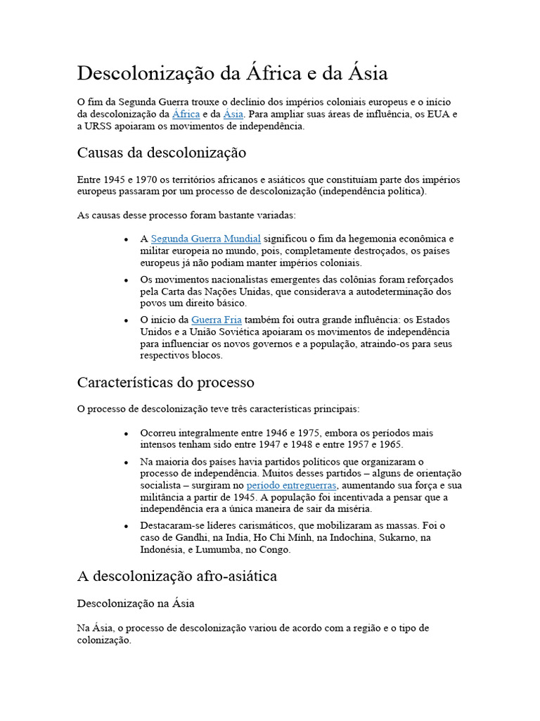 Descolonização Da África e Da Ásia | PDF | Descolonização | África