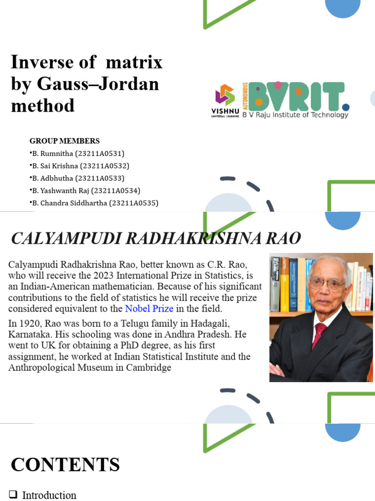 Inverse of Matrix by Gauss-Jordan Method: Group Members | PDF | Mathematics | Operator Theory