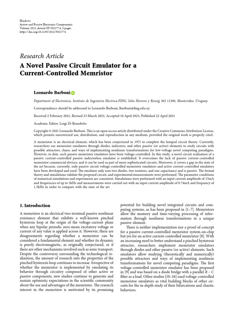 A Novel Passive Circuit Emulator For A Current-Con | PDF | Electrical Network | Passivity ...