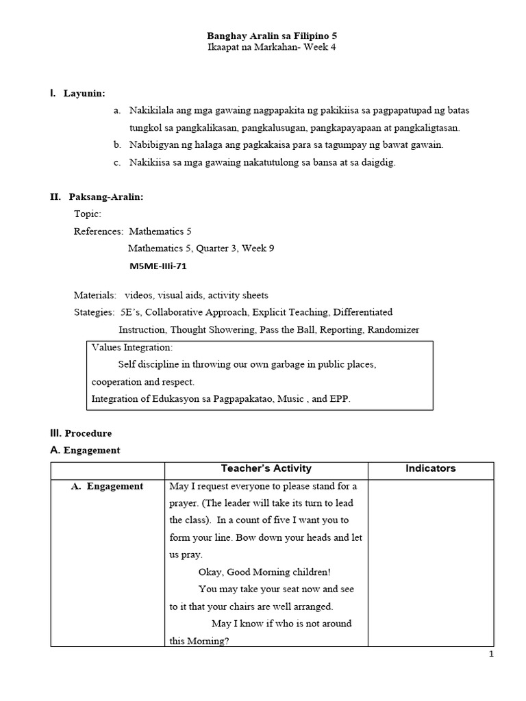Lesson Plan in Esp 5 | PDF | Learning | Circle