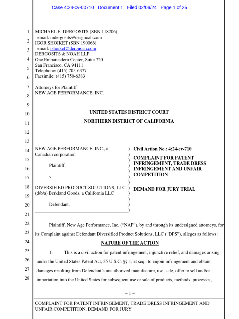 NAP v. Diversified - Complaint | PDF | Trade Dress | Patent