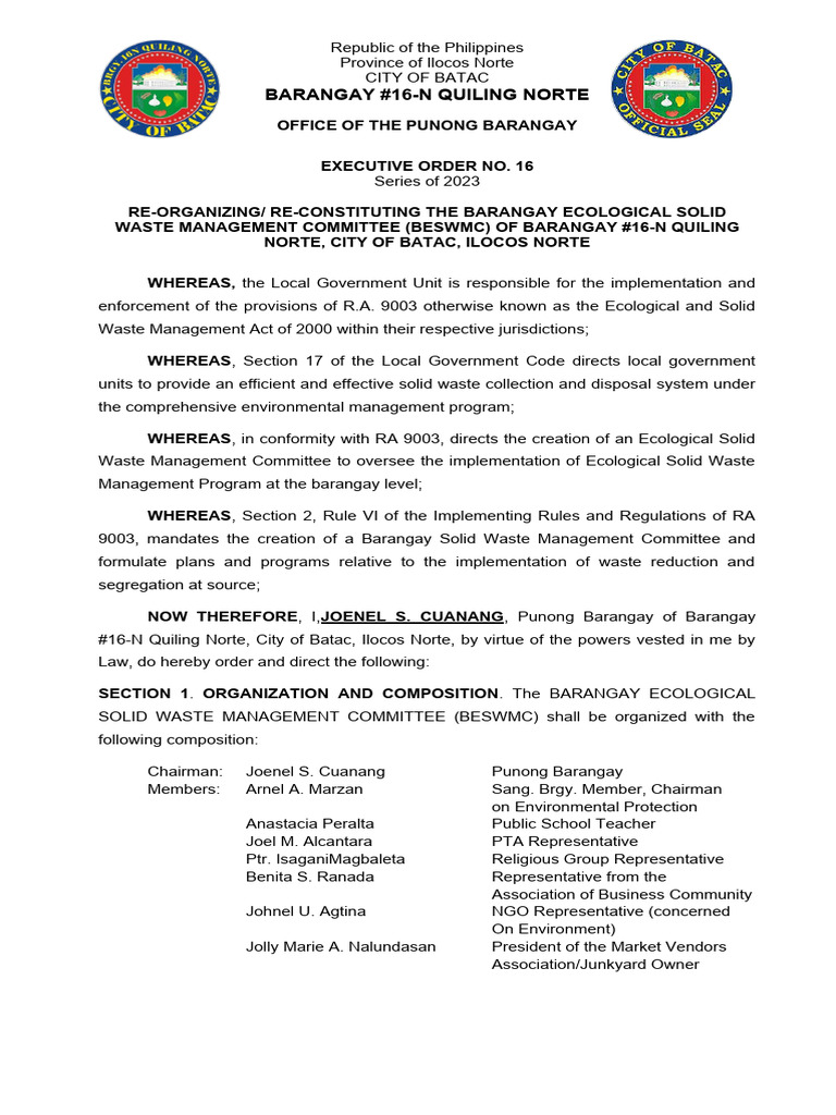 2023 - 16 - Executive Order - Beswmc | PDF | Waste Management | Pollution