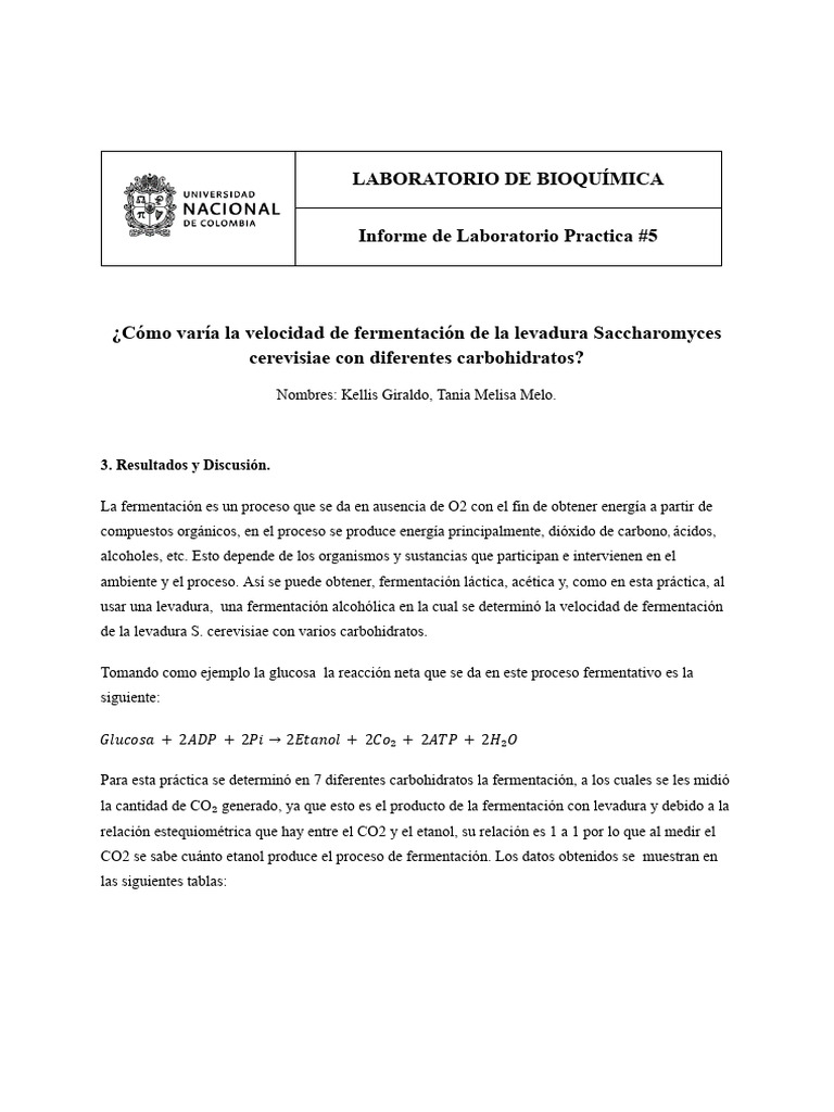 Lab Bioquimica Practica #5 - Documentos de Google | PDF | Fermentación | Levadura