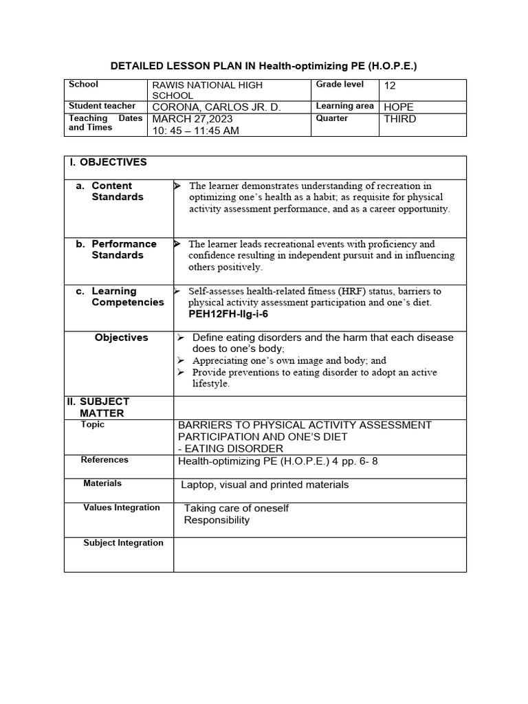 Detailed Lesson Plan in Health | PDF | Eating Disorder | Bulimia Nervosa