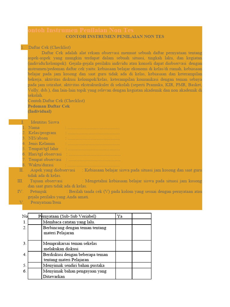 Ontoh Instrumen Penilaian Non Tes | PDF