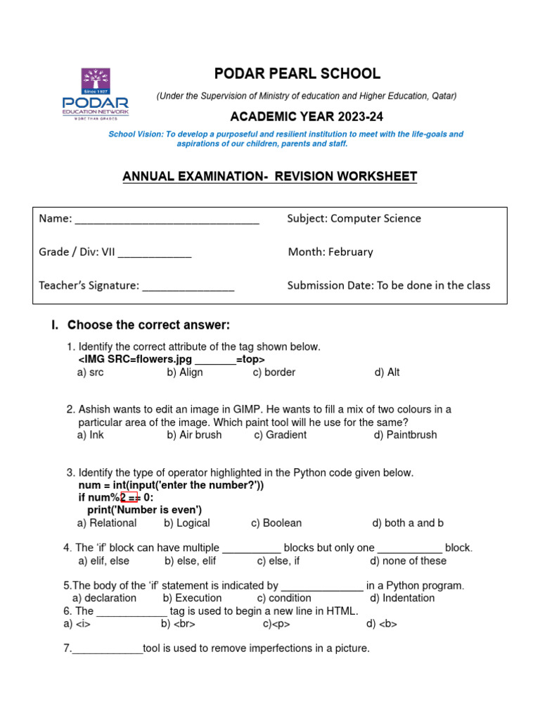 Class VII Finalexam Rev Assignment | PDF | Html | Python (Programming ...