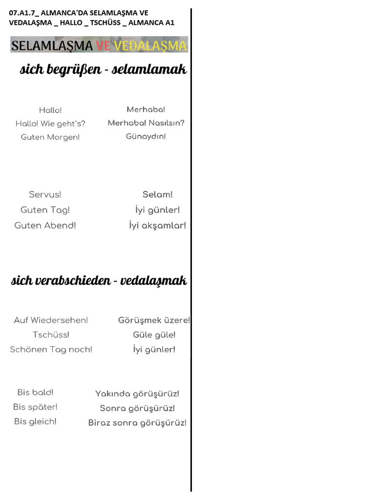 9.sinif Almanca Selamlasma Ve Vedalasma Kelimeleri Konu Anlatimi | PDF