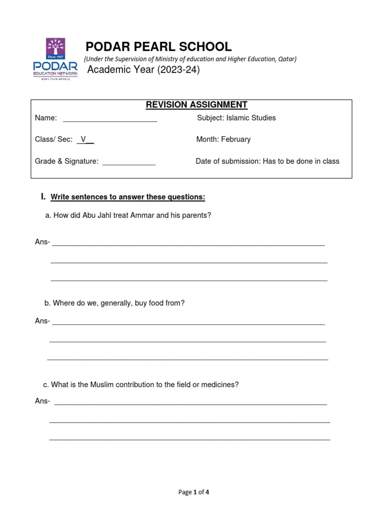 Grade-5 Islamic Revision February Assignment | PDF | Abrahamic ...