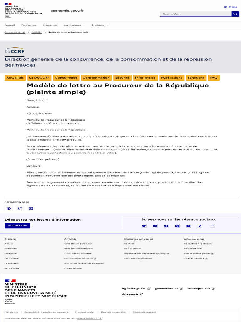 Modèle de Lettre Au Procureur de La République (Plainte Simple) | PDF
