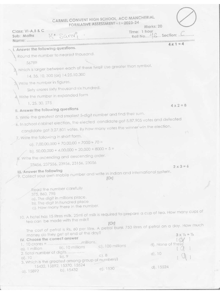 6th Class MATHS FA-1 | PDF